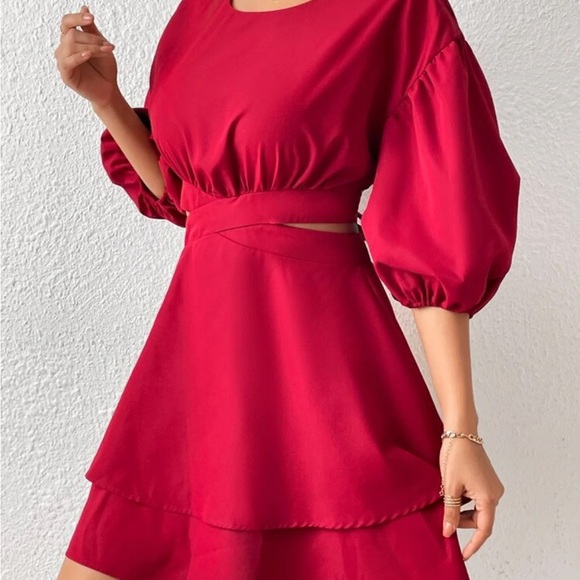 Dresses | Chic Red Dress With Puff Sleeves | Poshmark